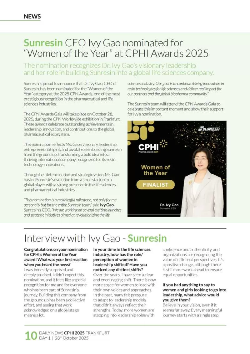 Sunresin CEO Ivy Gao Nominated for “Women of the Year” at CPHI Awards 2025